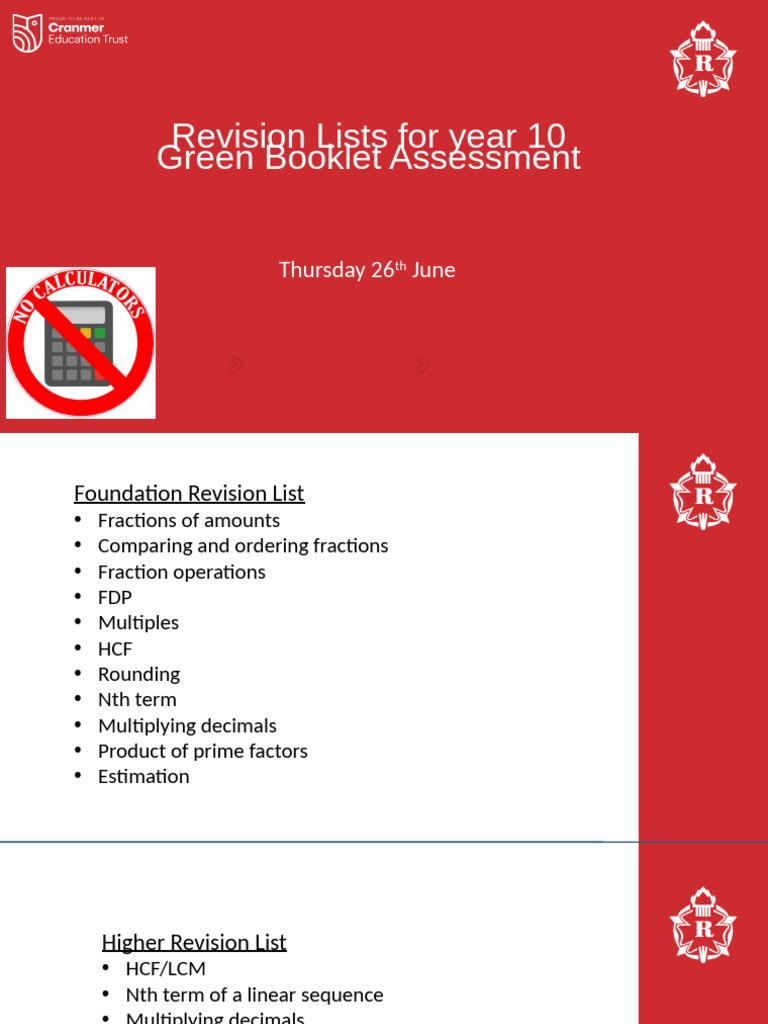 Year 10 Math Revision Lists | PDF