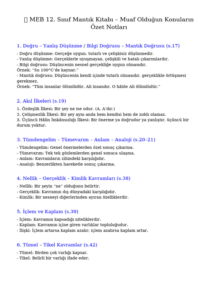 12 Sinif Mantik Muaf Konular Ozet Notlari Turkce | PDF