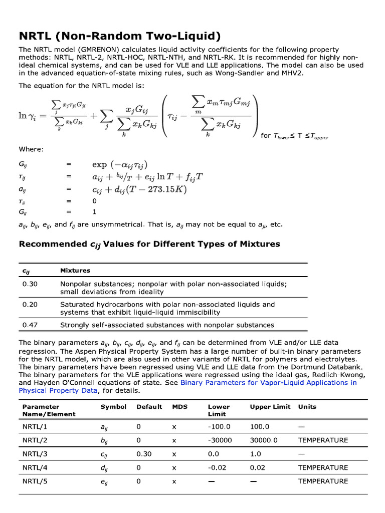 NRTL (Non Random Two Liquid) | PDF
