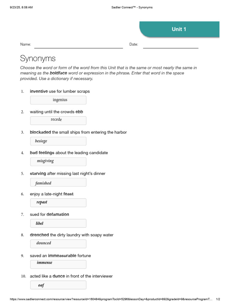 Synonyms Practice for Vocabulary Unit | PDF