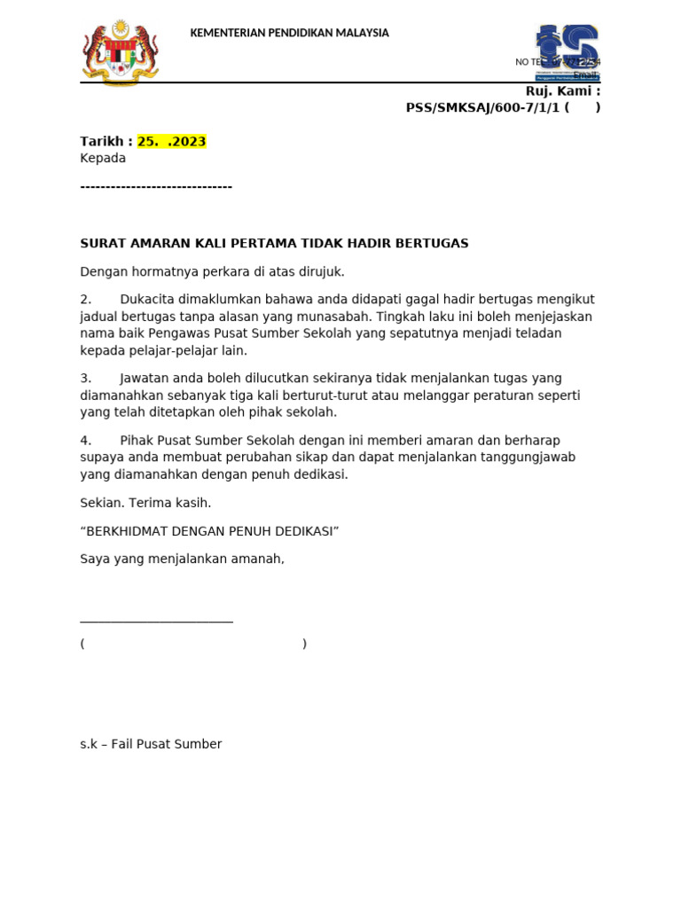 Surat Amaran Tidak Bertugas Pss | PDF