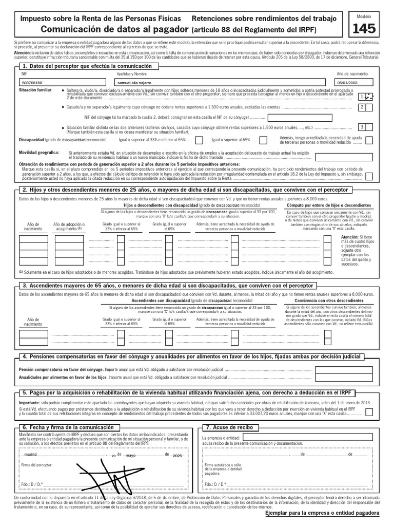 Modelo 145 1 | PDF | Invalidez | Impuestos