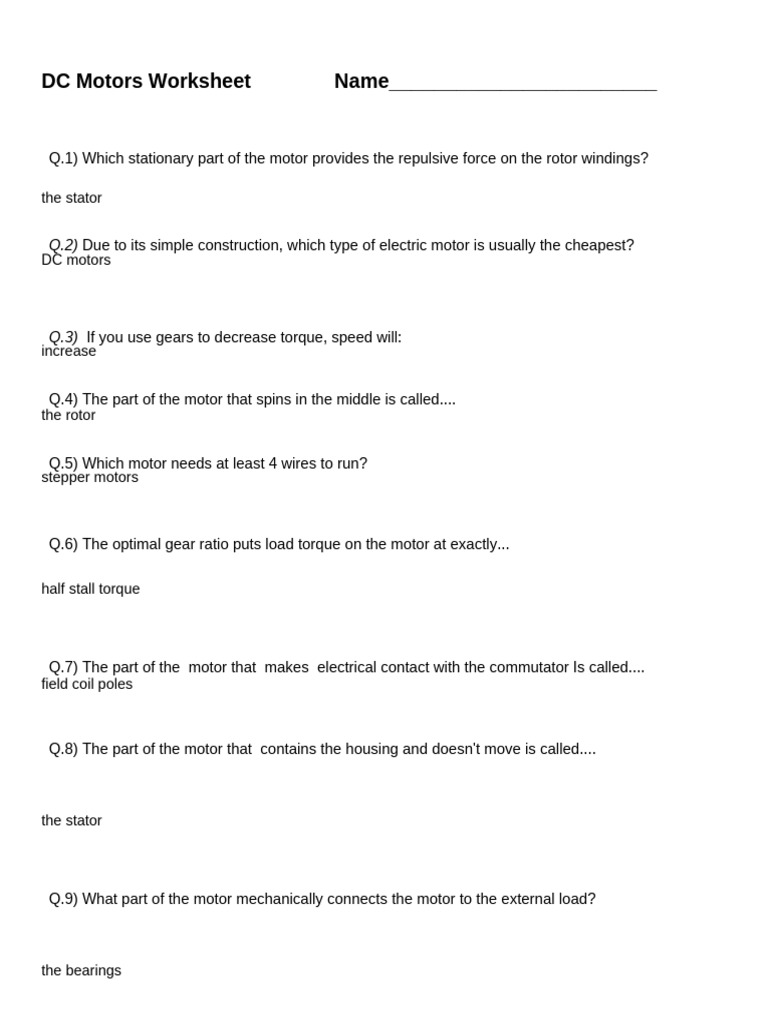 DC Motors Worksheet1 | PDF
