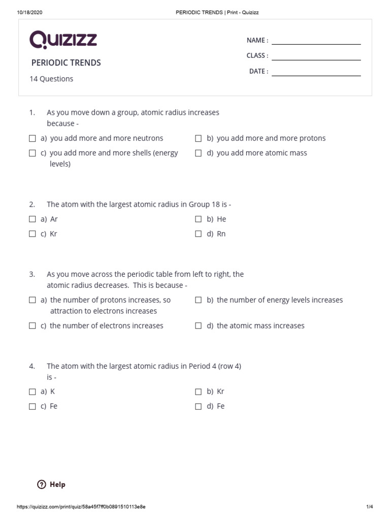 Periodic Trends Quiz Questions | PDF | Atoms | Nuclear Physics