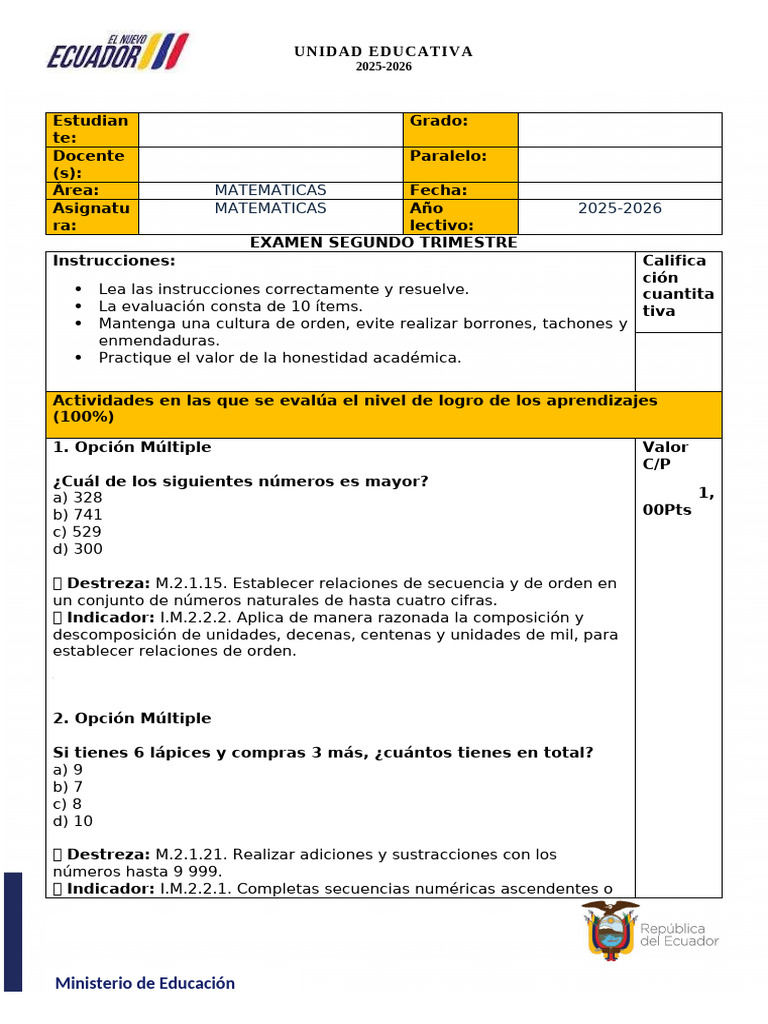 2do - Mate 2do Trim Examen | PDF | Matemáticas