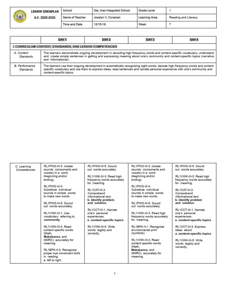 Grade 1 Reading Lesson Plan | PDF | Reading Comprehension | Vocabulary