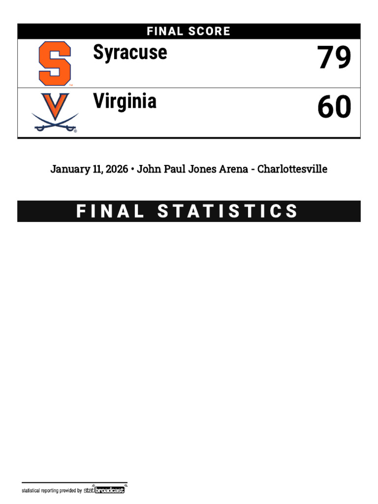 Syracuse Defeats Virginia 79-60 Box Score | PDF | Ball Games | Sports