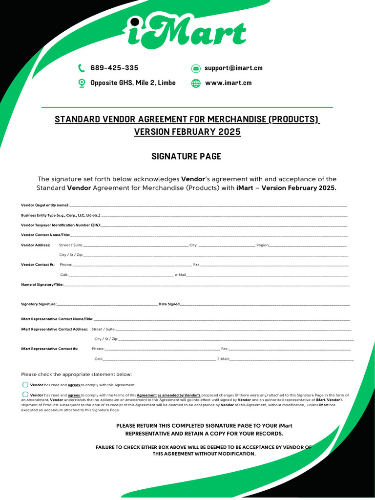 iMart Vendor Agreement Signature Page | PDF | Menu | Business