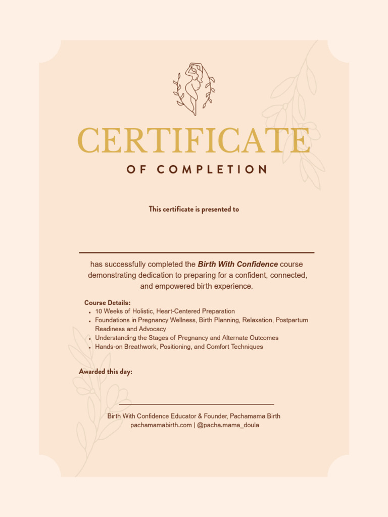 Birth With Confidence Certificate of Completion - Bushong Family | PDF