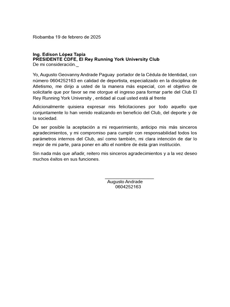 Solicitud de Ingreso al Club El Rey Running | PDF