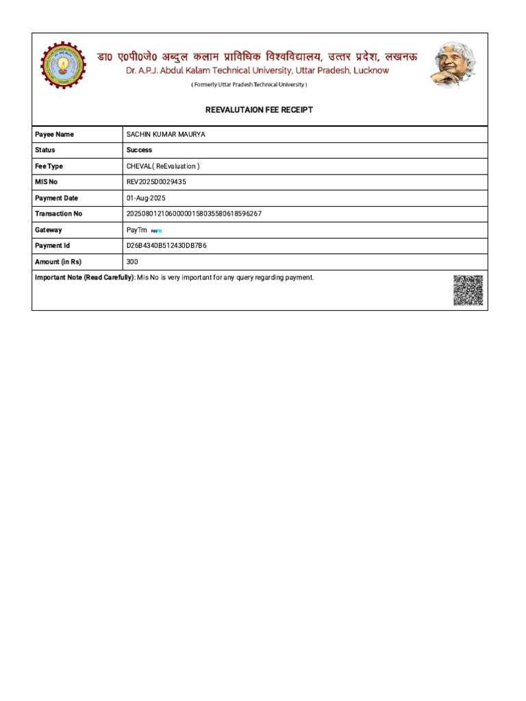 Payment Reciept Aktu 2nd Year 3rd Sem | PDF