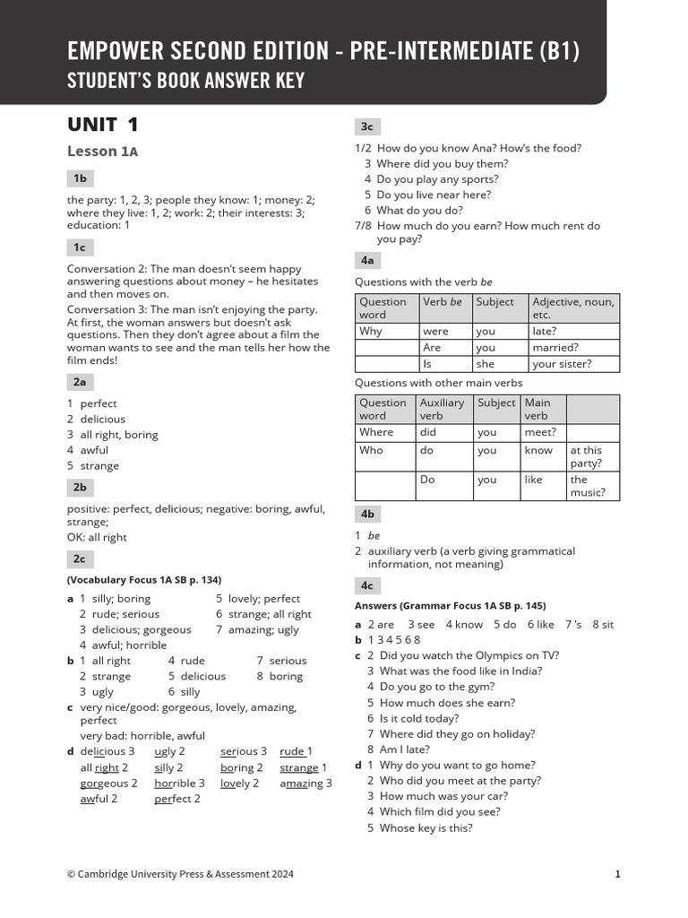 Empower Pre Intermediate Students Book Answer Key 1 1 1 | PDF | Verb | Linguistics
