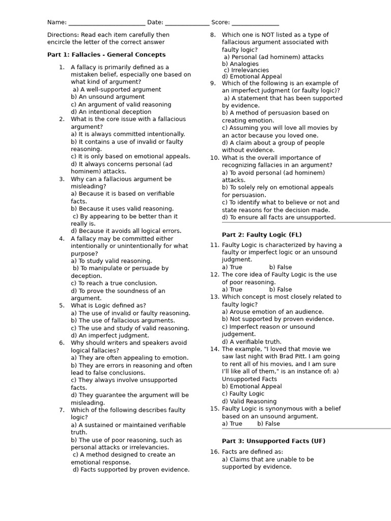 Faulty Logic Activity | PDF | Fallacy | Logic
