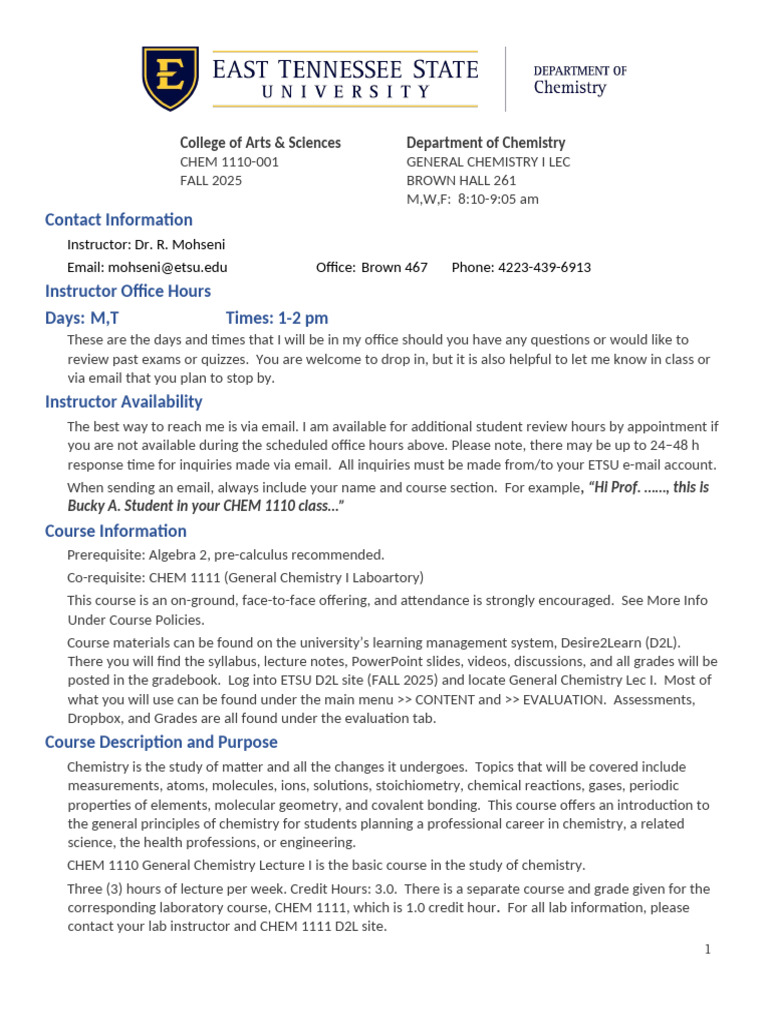 CHEM1110 Syllabus F25b | PDF | Chemistry | Gases