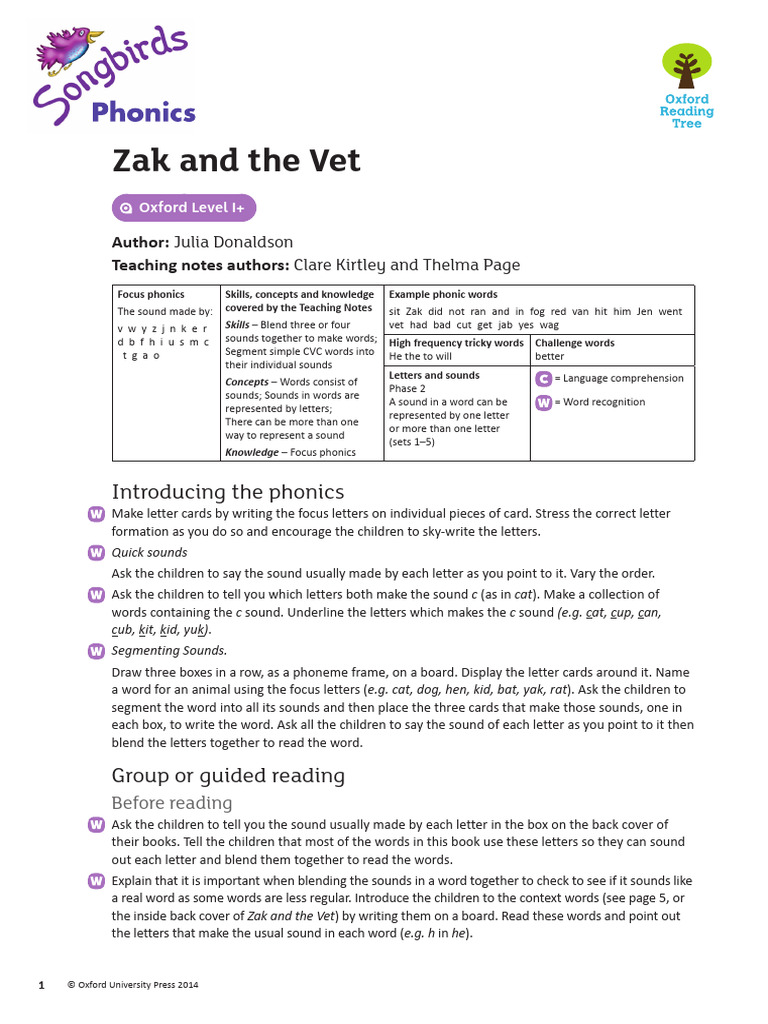 627138245 Zak and the Vet Teachers Notes | PDF | Phonics | Communication
