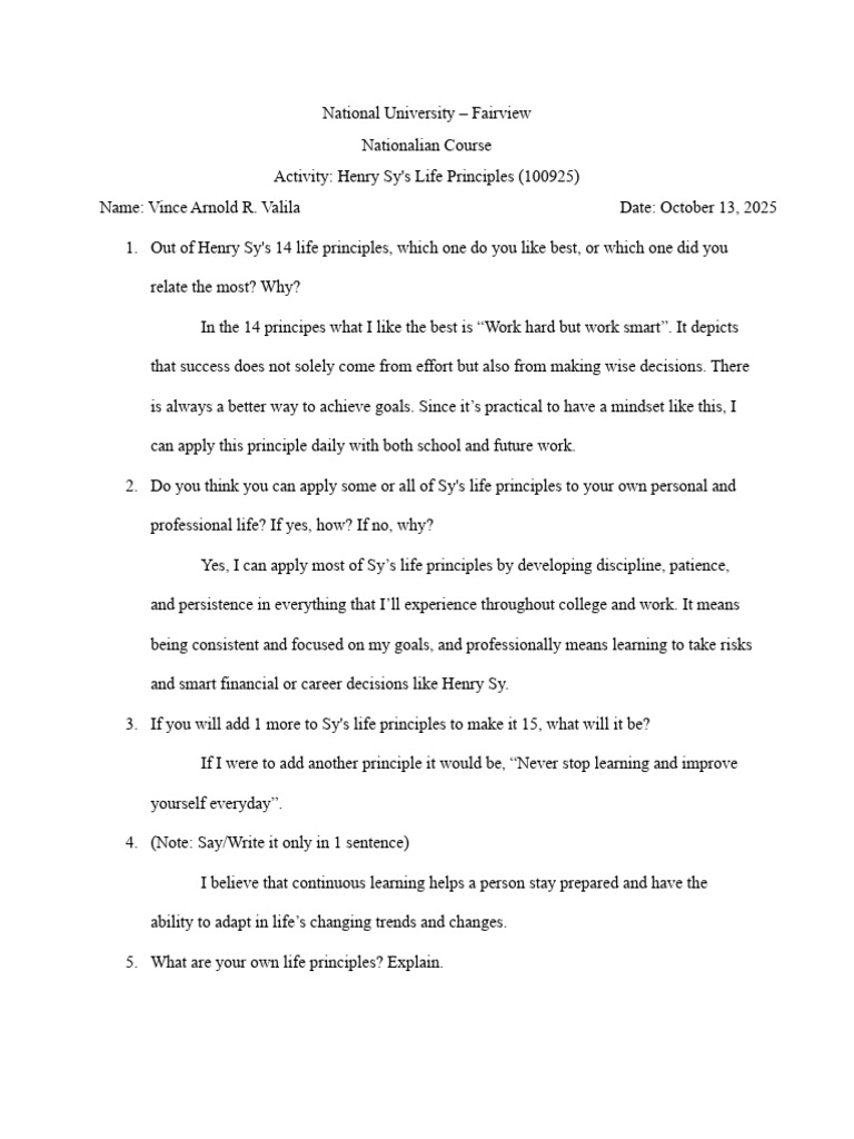 VALILA_Activity-Henry Sy's 14 Life Principles | PDF