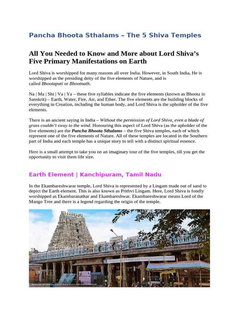 Pancha Bhoota Sthalams – The 5 Shiva Temples | PDF | Shiva | Indian ...