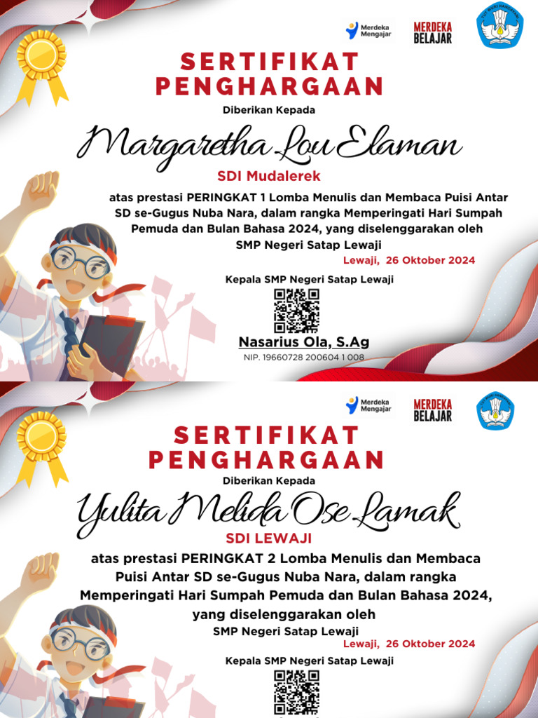 Sertifikat Lomba Puisi SD Nuba Nara 2024 | PDF