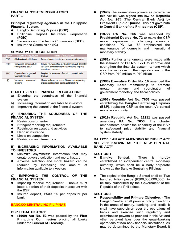 Philippine Financial System Regulators | PDF | Banks | Monetary Policy