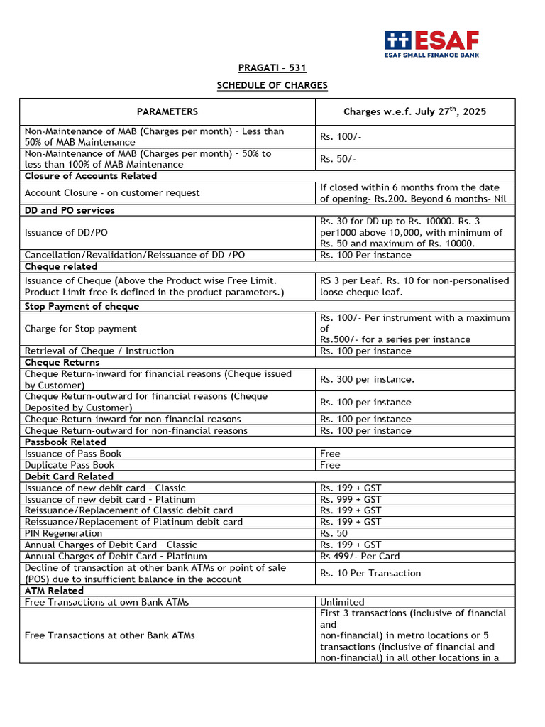 Revised Schedule of Charges Effective 27th July 2025 | PDF | Cheque ...