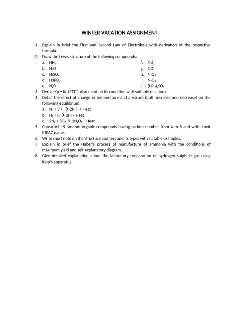 Winter Vacation Chemistry Assignment | PDF