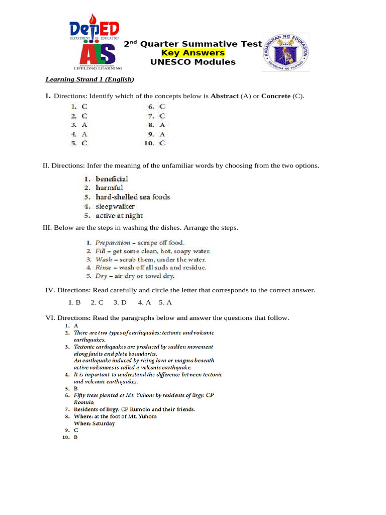 2nd Quarter Test Key Answers and Directions | PDF