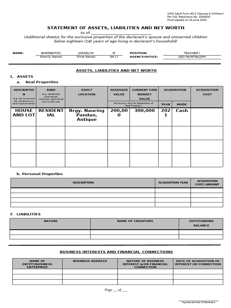 2025 SALN Form AS-2 for Spouse & Children | PDF | Balance Sheet ...