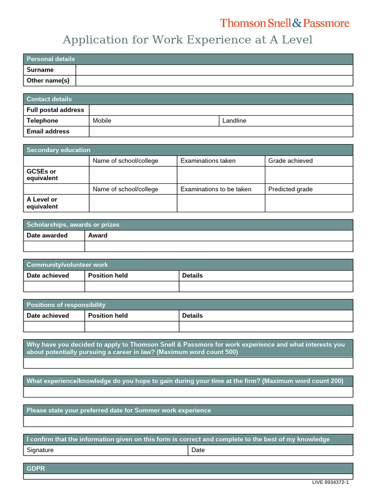 A Level Work Experience Application Form | PDF
