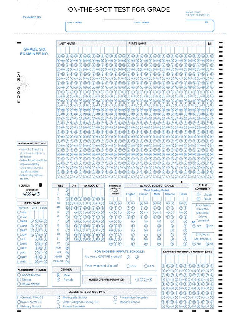 Bubble Sheet on the Spot Test | PDF