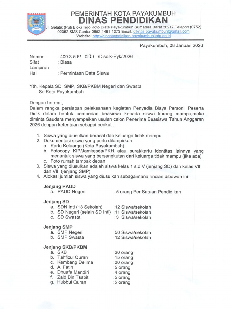 Permintaan Data Beasiswa | PDF