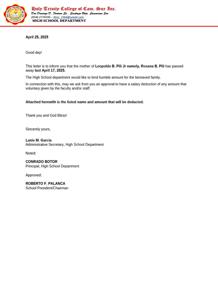 Letter for Deceased Family Member of Faculty | PDF