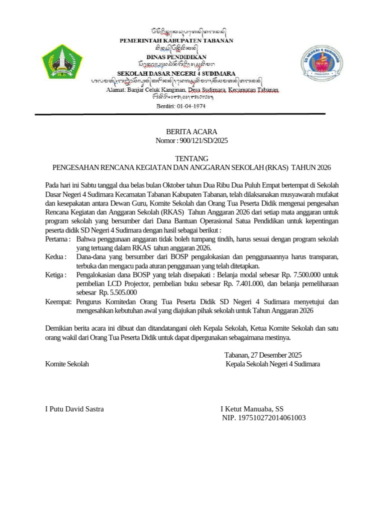Pengesahan RKAS SD Negeri 4 Sudimara 2026 | PDF