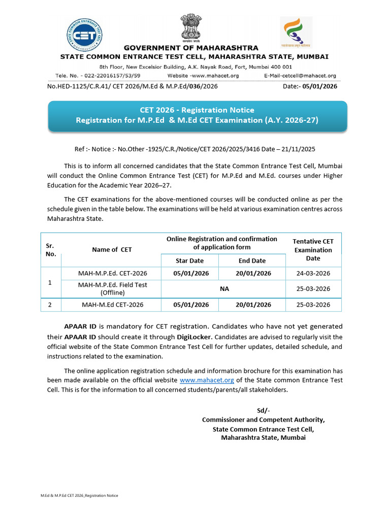 M.Ed & M.P.Ed CET 2026 Registration Info | PDF