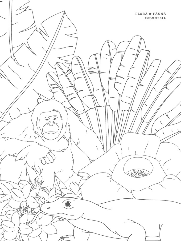 Poster Templat Mewarnai Flora Fauna Indonesia Ilustratif Hitam Putih ...