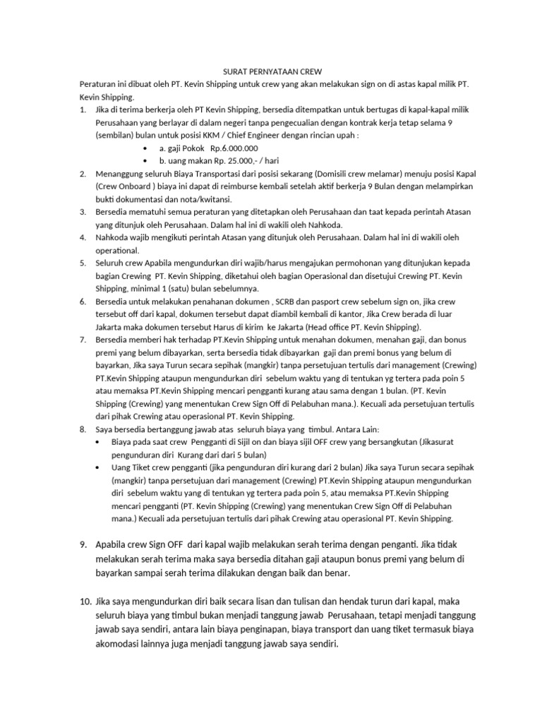 Surat Pernyataan Crew PT Kevin Shipping | PDF