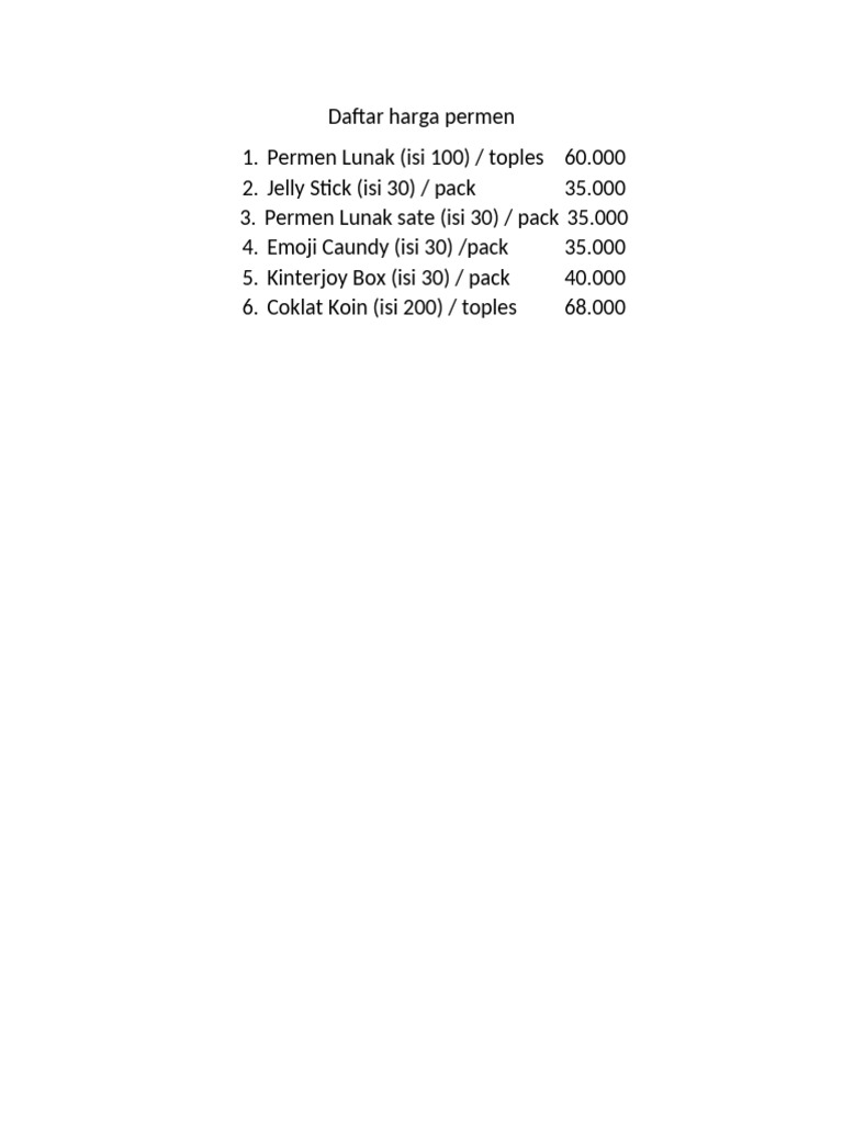 Daftar Harga Permen dan Coklat 2023 | PDF