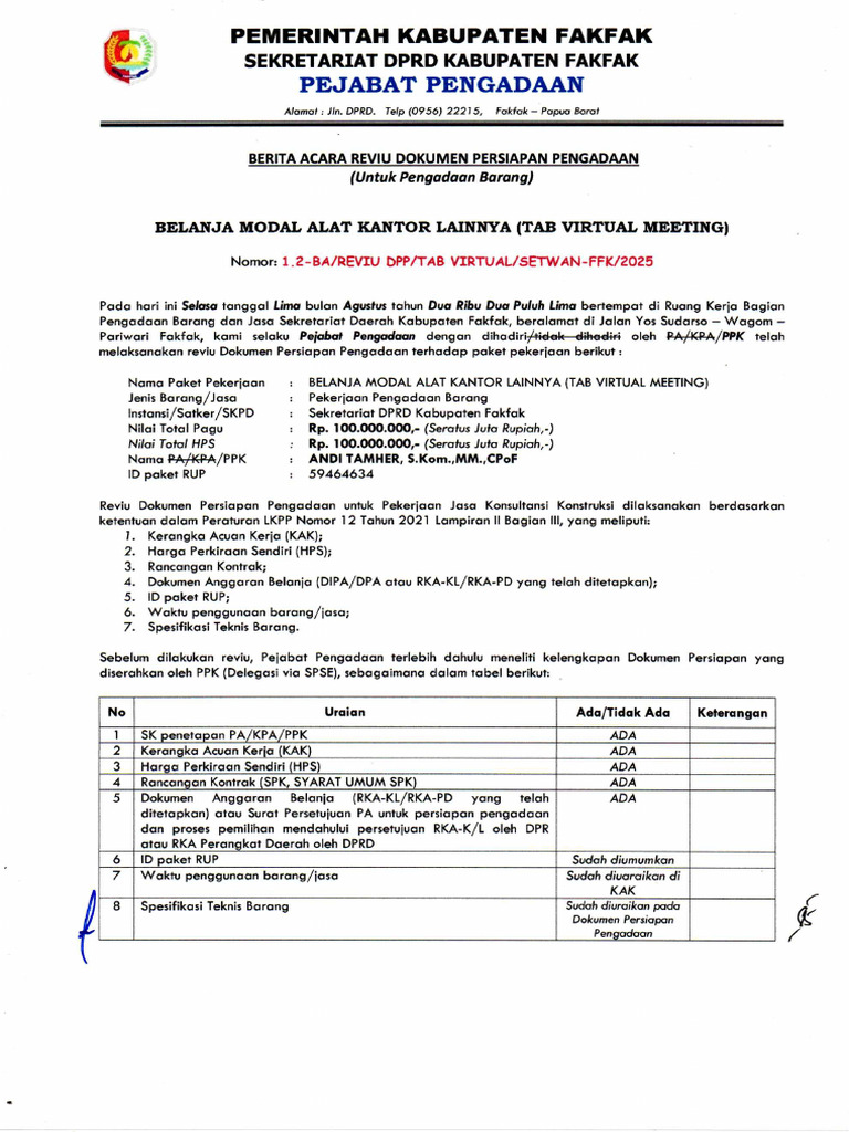 Belanja Modal Alat Kantor Lainnya (Tab Virtual Meeting) | PDF