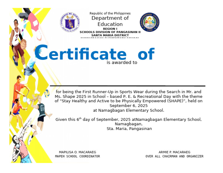 First Runner-Up Sports Wear Certificate | PDF