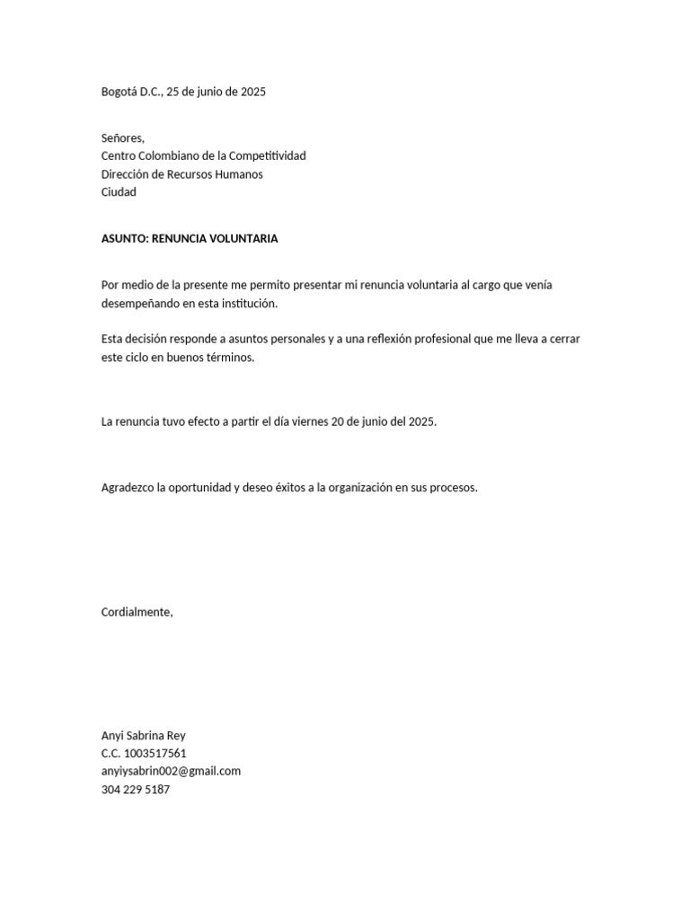 Carta Renuncia Sabrina Rey Sin Entrega Final | PDF