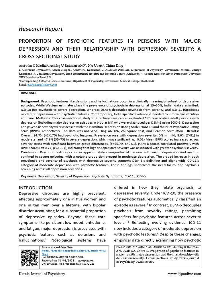 Psychotic Features in Major Depression Study | PDF | Psychosis | Major ...