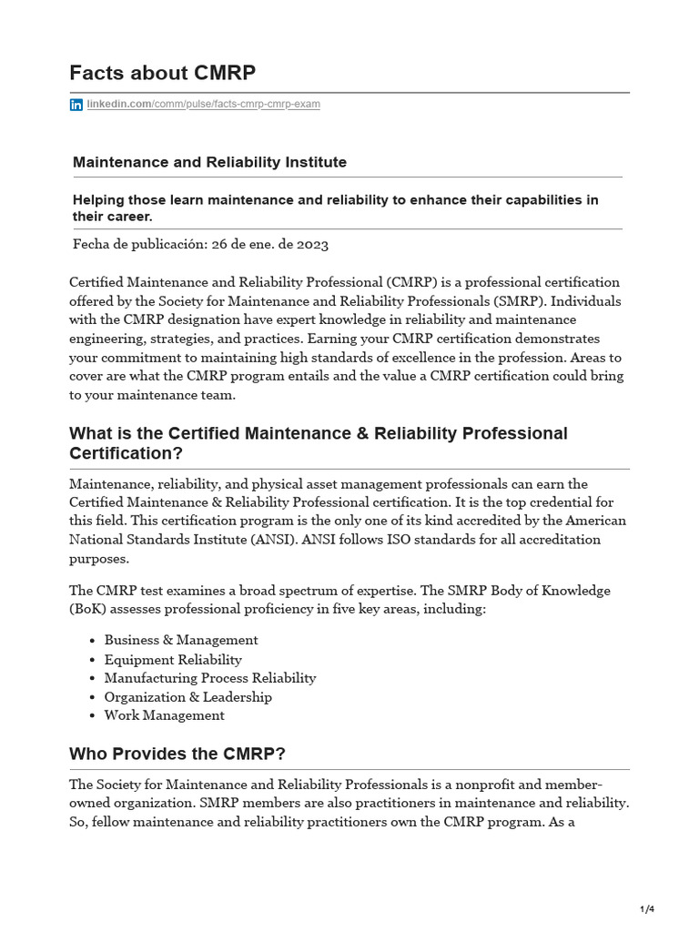 FACTS ABOUT CMRP_RICKY SMITH_20230126 | PDF | Reliability Engineering ...