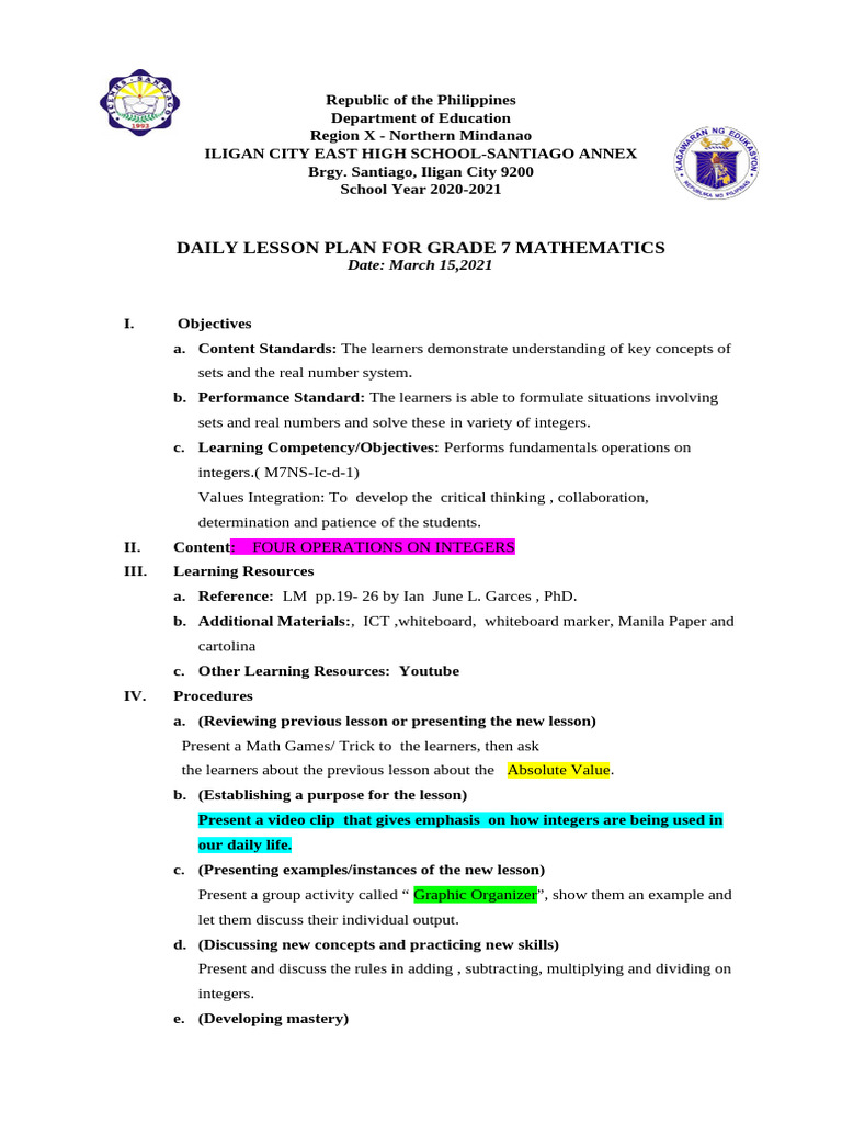 Lesson Plan for Intgers March 16, 2020 | PDF | Numbers | Equations