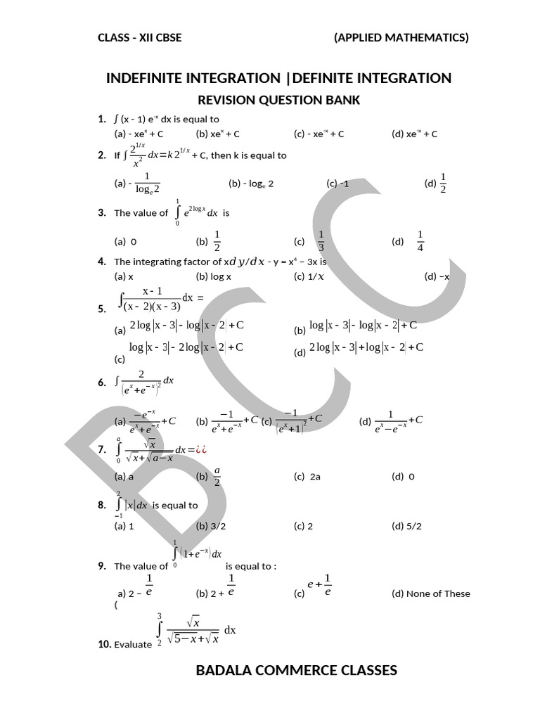 CBSE Class 12 Applied Mathematics Integration Questions | PDF ...