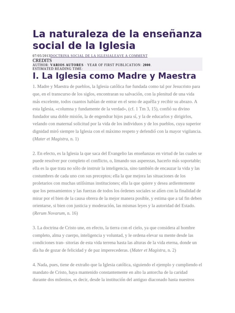 La Naturaleza de La Enseñanza Social de La Iglesia | PDF | Iglesia ...