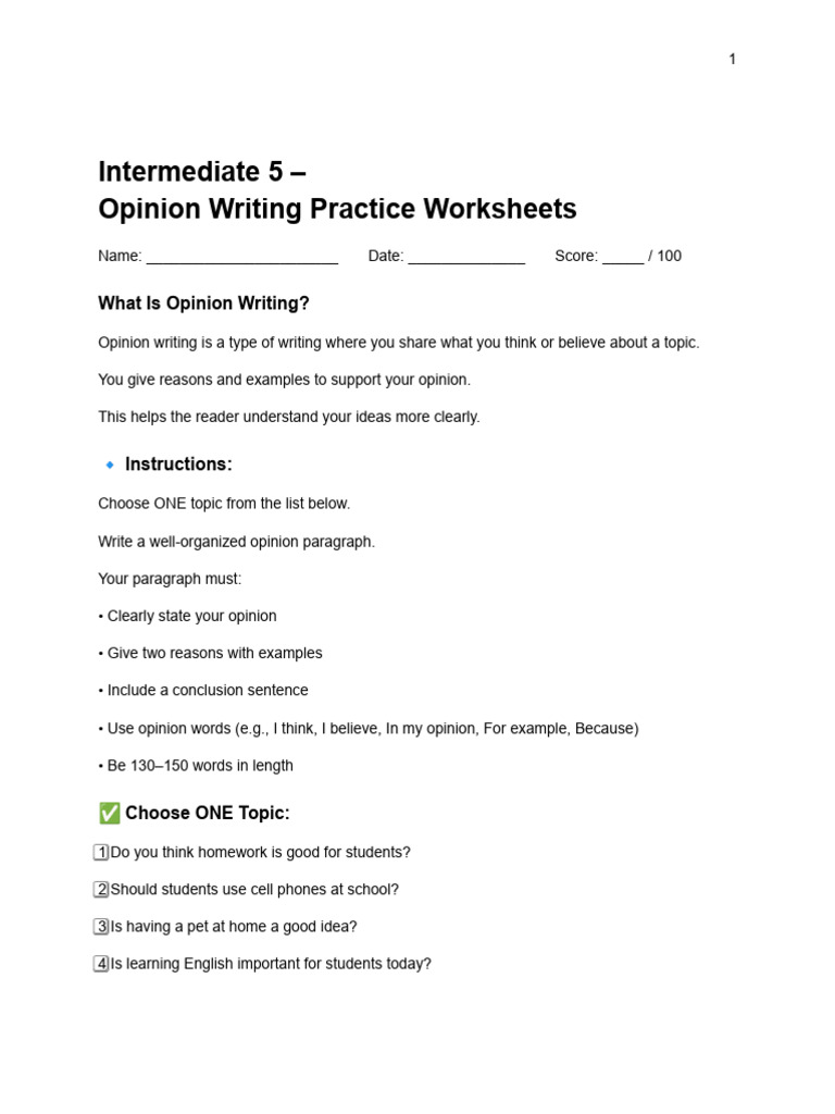Opinion Writing Practice Worksheets | PDF | English Language | Homework