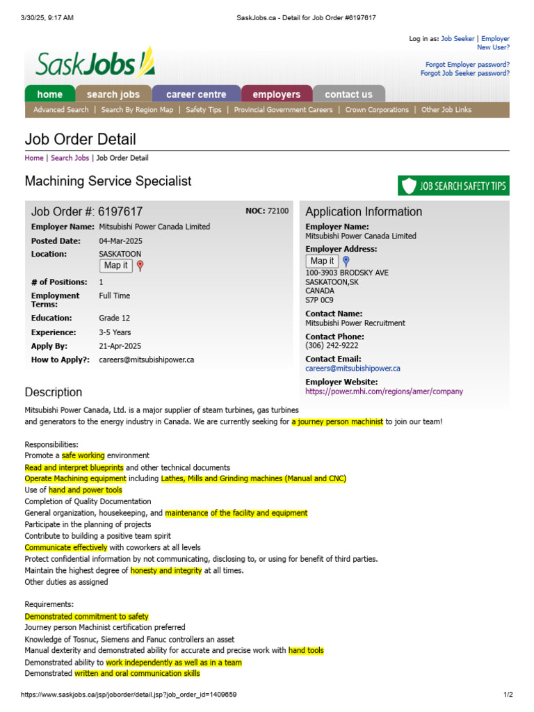SaskJobs.ca - Detail for Job Order #6197617 | PDF | Machinist | Machining