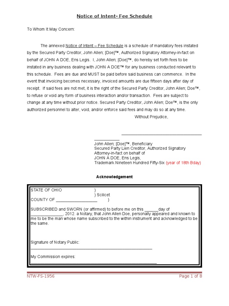 Fee Schedule Notice of Intent-Generic Notary | Dollar | Traffic Ticket