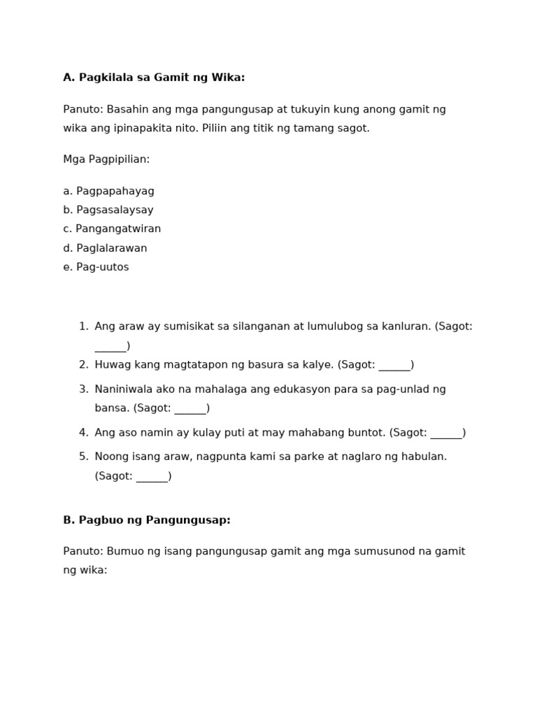Gamit NG Wika Quiz | PDF