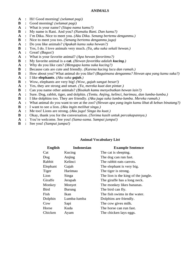 Animal Conversation and Vocabulary Guide | PDF | Human–Animal ...