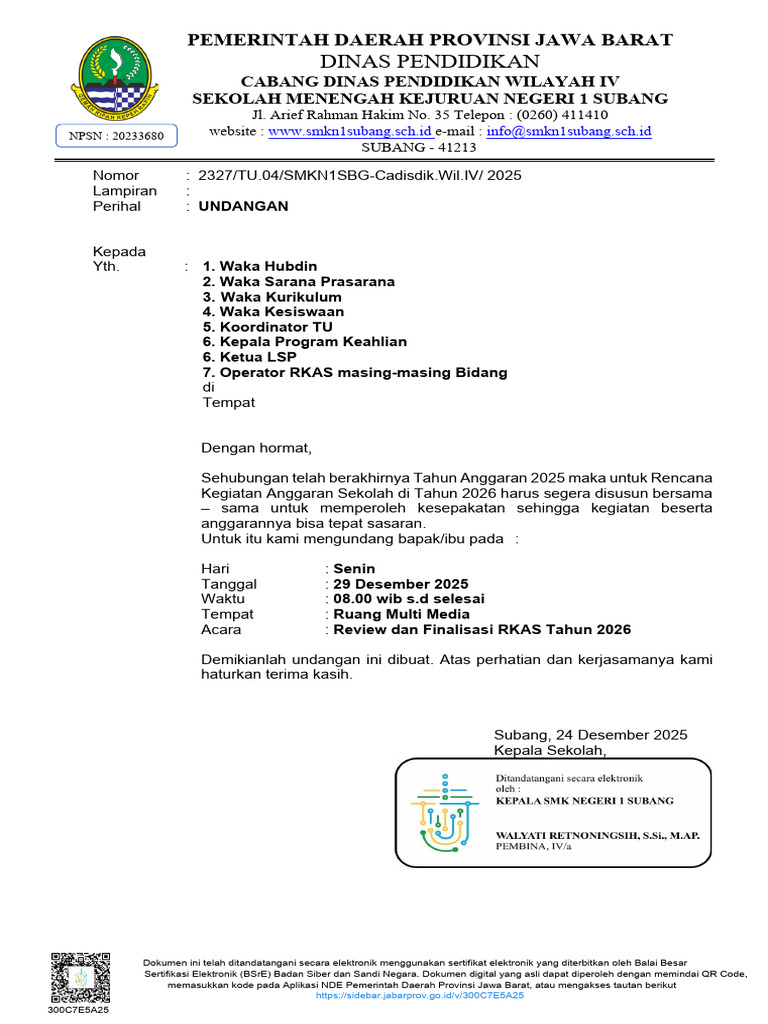 Undangan Review RKAS 2026 SMKN 1 Subang | PDF